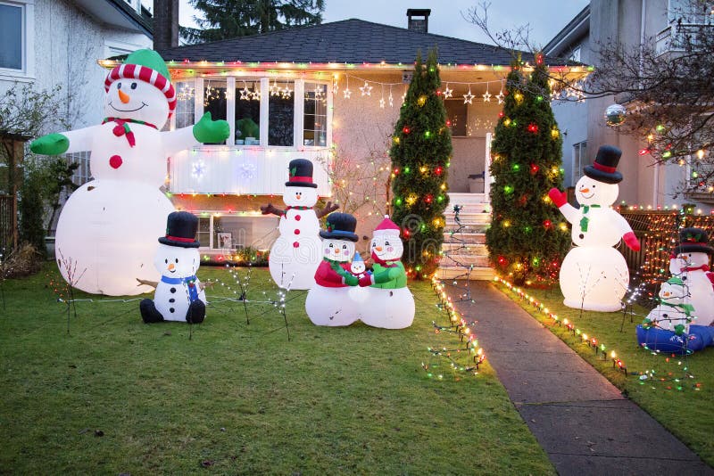 House All Decked Out for Christmas with Snowmen Stock Image - Image of ...