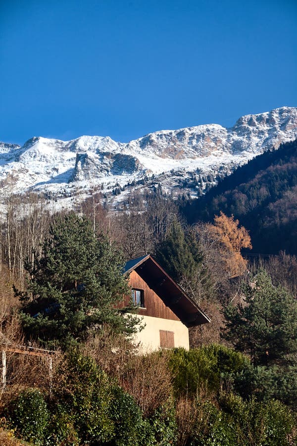 House in the Alps Against the Mountains Stock Image - Image of tree ...
