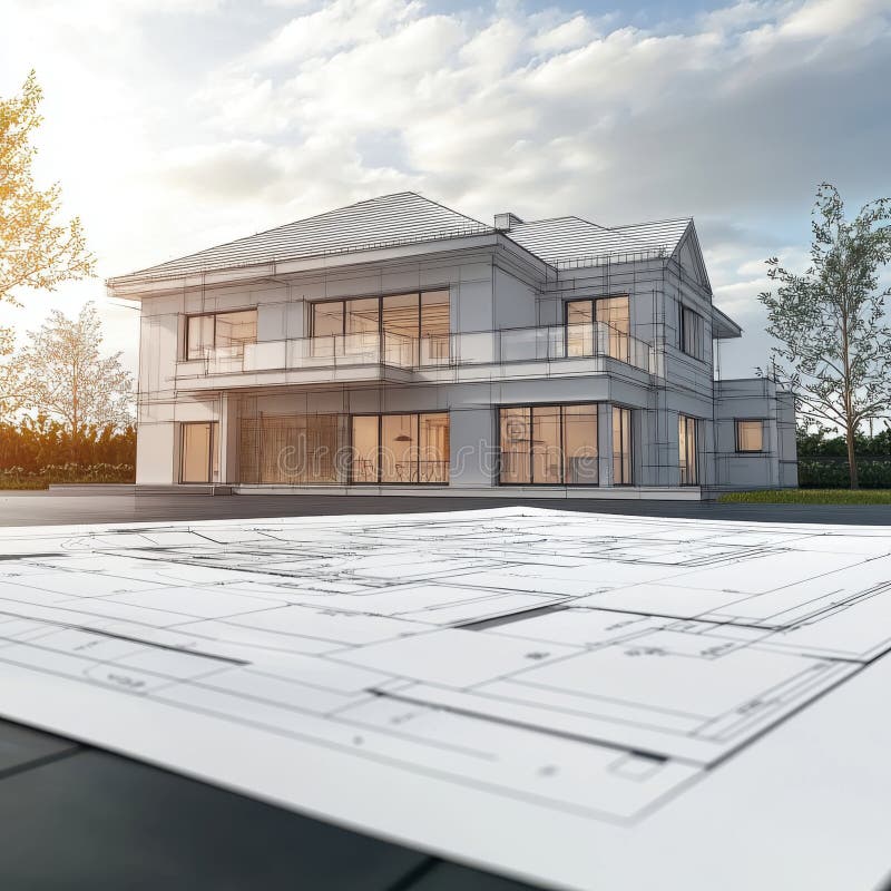 House with Architectural Blueprints Spread on the Ground for ...