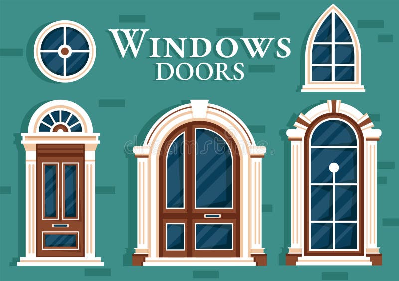 House Architecture Vector Illustration with Doors and Windows Various ...