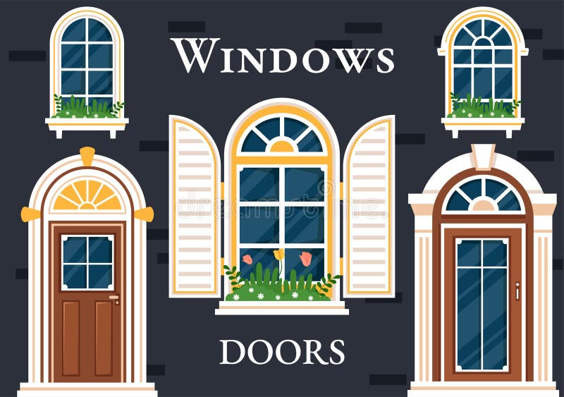 House Architecture Vector Illustration with Doors and Windows Various ...