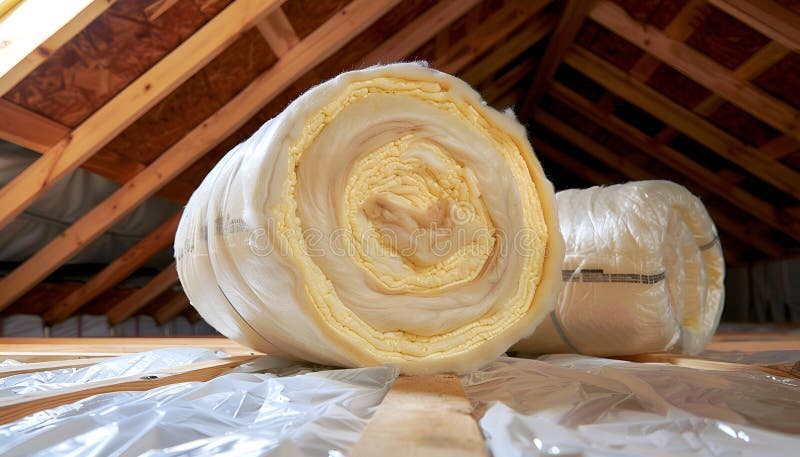 House Attic Insulation - Construction Worker Installing Glass Wool ...