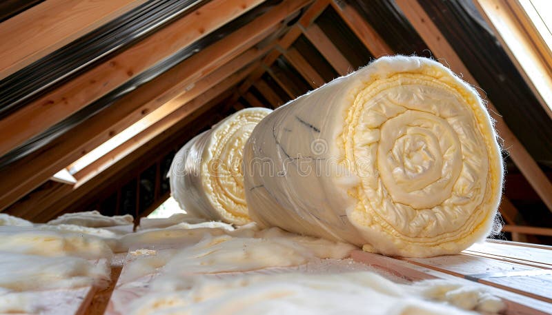House Attic Insulation - Construction Worker Installing Glass Wool ...