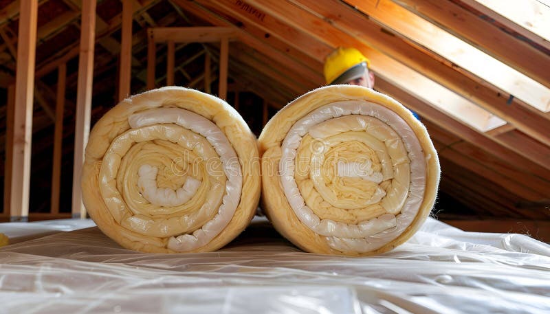 House Attic Insulation - Construction Worker Installing Glass Wool ...