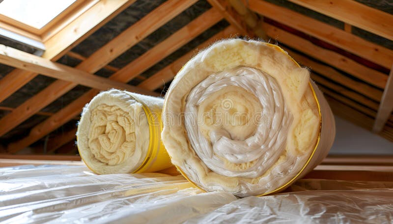 House Attic Insulation - Construction Worker Installing Glass Wool ...