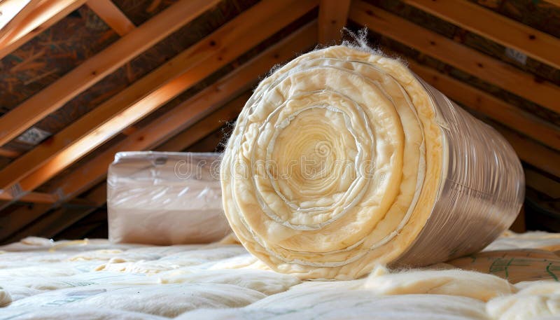 House Attic Insulation - Construction Worker Installing Glass Wool ...