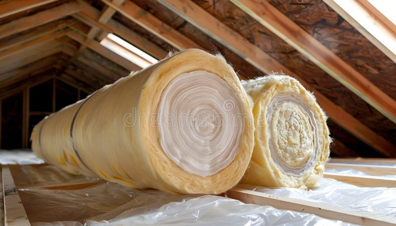 House Attic Insulation - Construction Worker Installing Glass Wool ...