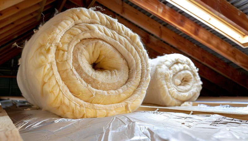 House Attic Insulation - Construction Worker Installing Glass Wool ...