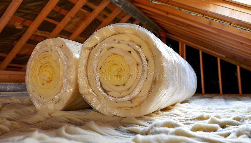 House Attic Insulation - Construction Worker Installing Glass Wool ...