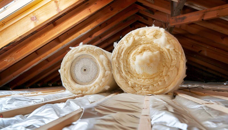 House Attic Insulation - Construction Worker Installing Glass Wool ...