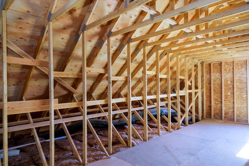 House Attic Under Construction Interior Inside a Frame Walls Beam Built ...