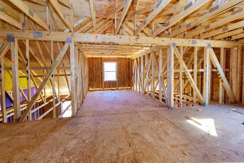 House Attic Under Construction Walls and Ceiling Material in Wooden ...