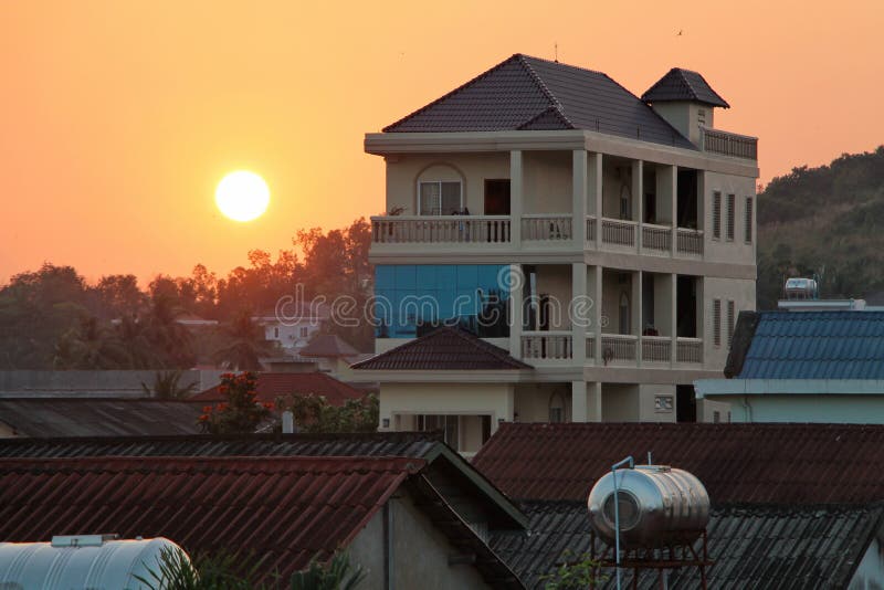 House on the Background of the Sunset. Stock Image - Image of yellow ...