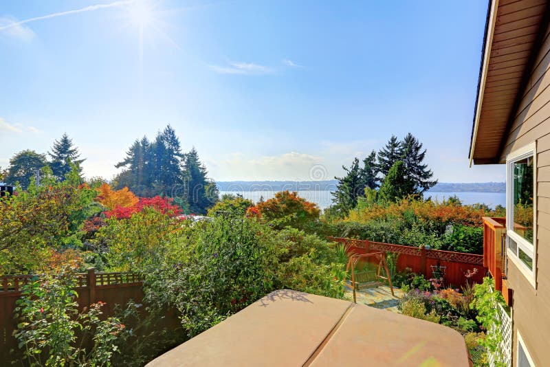 House Backyard and Lake View from Deck Stock Photo - Image of land ...