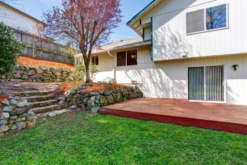 House Backyard View. Wooden Floor Walkout Deck Stock Image - Image of ...