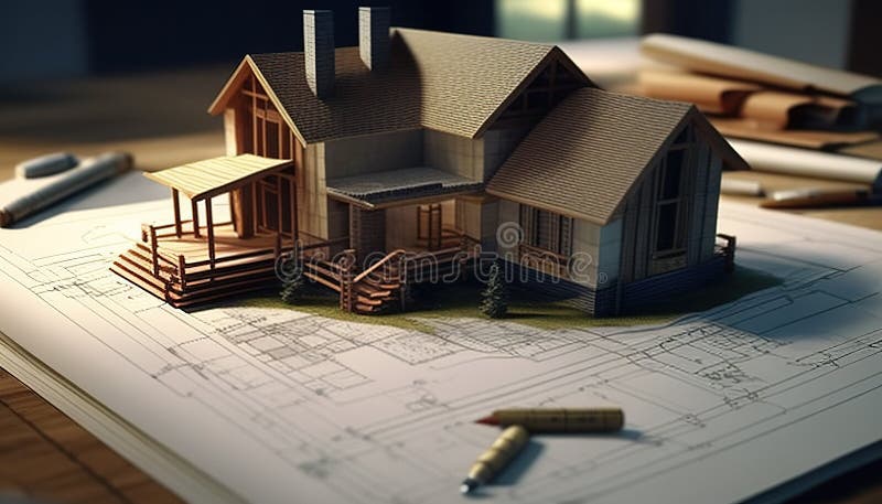 House on Blueprint, Digital Art Illustration, Generative AI Stock ...