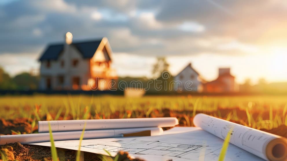 House Blueprints on Construction Site at Sunset Stock Illustration ...