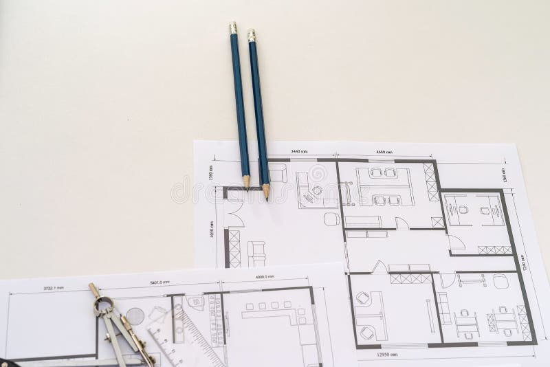House Blueprints with Work Tools Drawing Instruments on the Worktable ...
