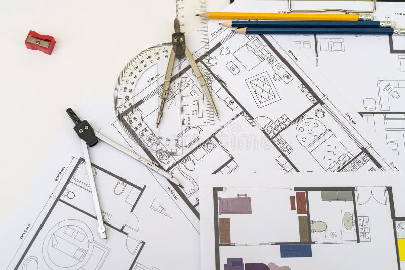 House Blueprints with Work Tools Drawing Instruments on the Worktable ...