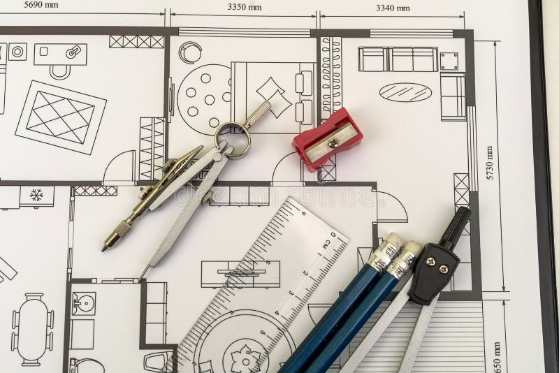 House Blueprints with Work Tools Drawing Instruments on the Worktable ...