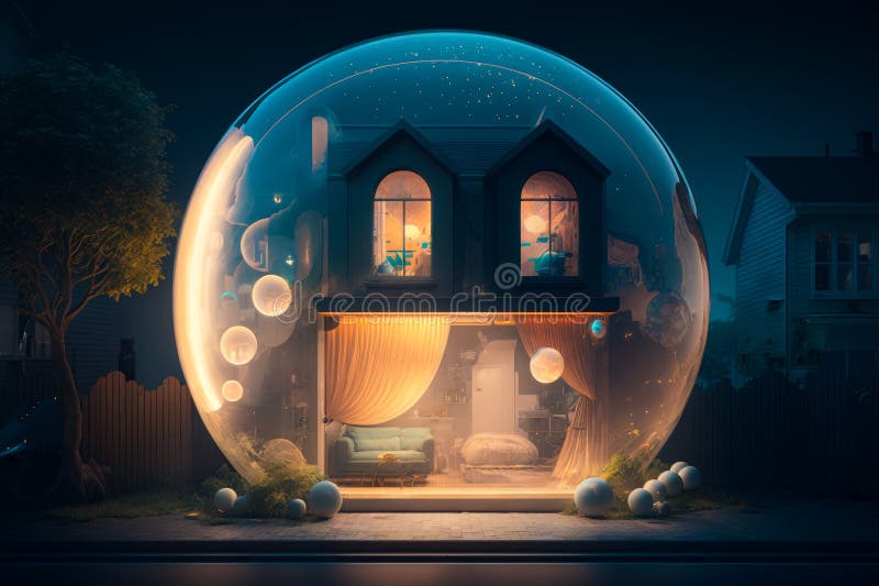 House in Bubble with Couch in the Middle of it and Lots of Bubbles ...