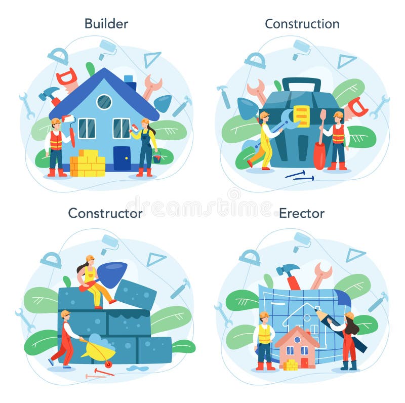 House Building Concept Set. Workers Constructing Home with Tools Stock ...