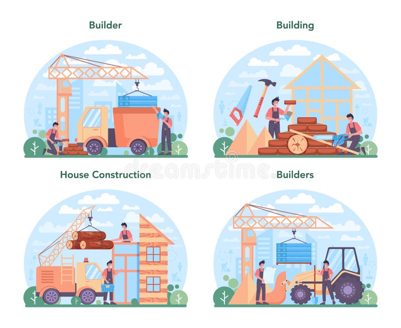 House Building Concept Set. Workers Constructing Home with Tools Stock ...