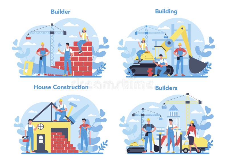 House Building Concept. Workers Constructing Home with Tools Stock ...