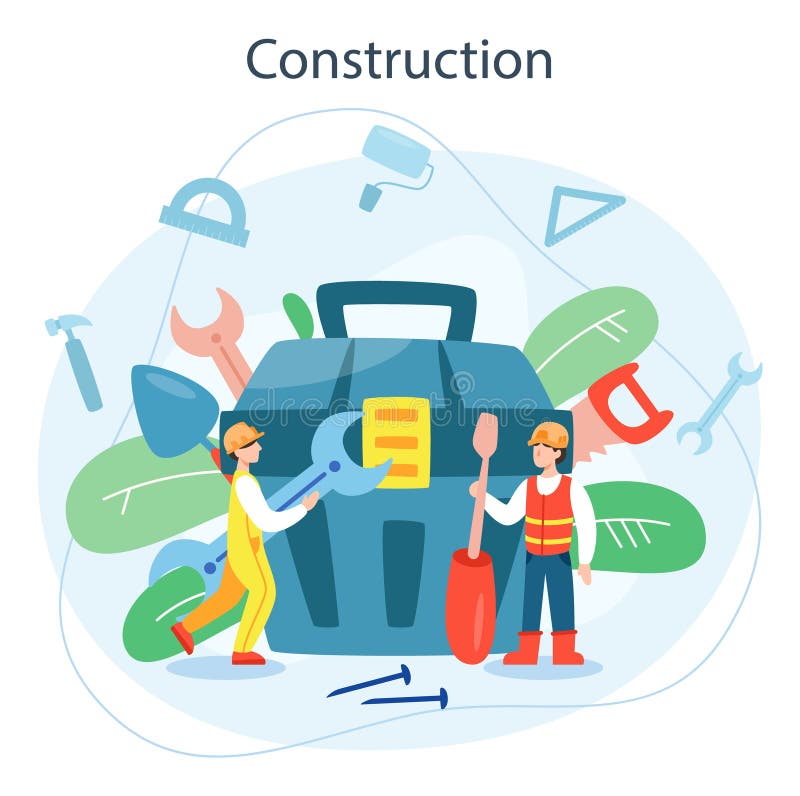 House Building Concept. Workers Constructing Home with Tools Stock ...