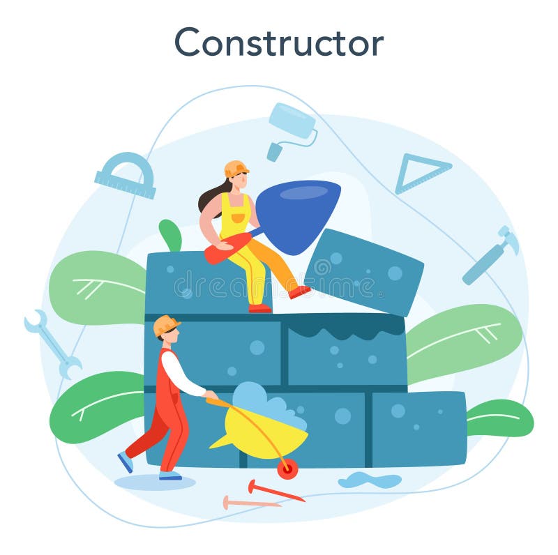 House Building Concept. Workers Constructing Home with Tools Stock ...