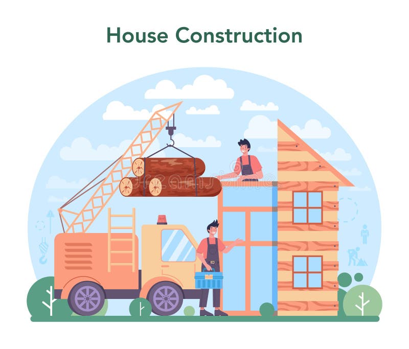 House Building Concept. Workers Constructing Home with Tools Stock ...