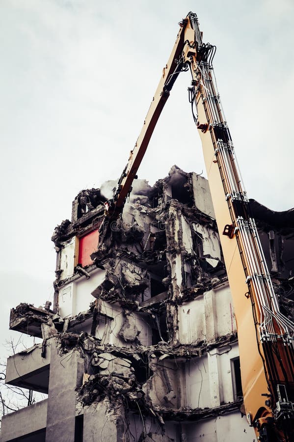 House/ Building Demolition, Excavator Machine Stock Photo - Image of ...