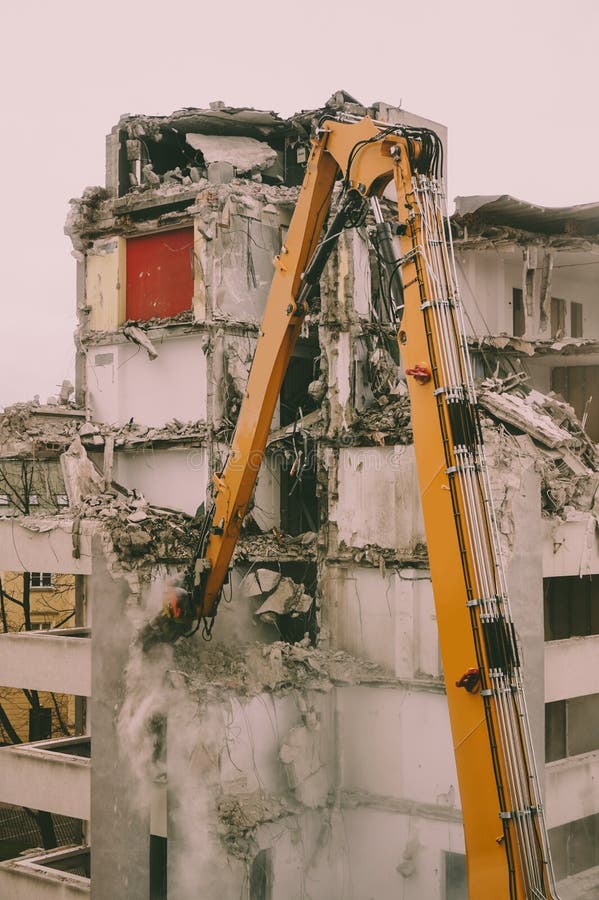 House/ Building Demolition, Excavator Machine Stock Image - Image of ...