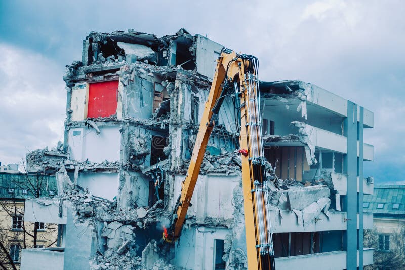 House/ Building Demolition, Excavator Machine Stock Image - Image of ...