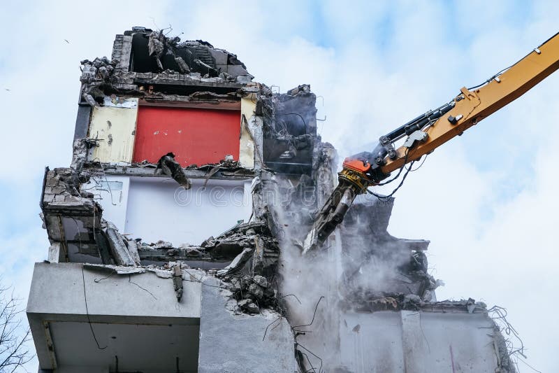 House/ Building Demolition, Excavator Machine Stock Image - Image of ...