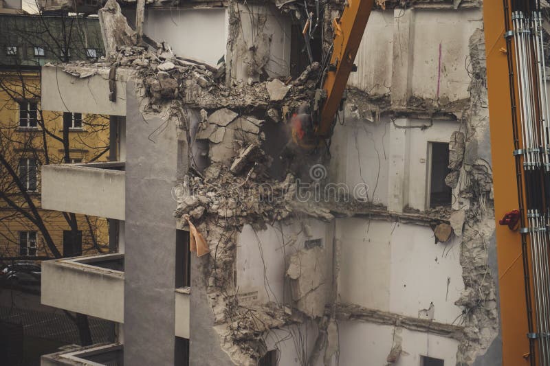 House/ Building Demolition, Excavator Machine Stock Image - Image of ...