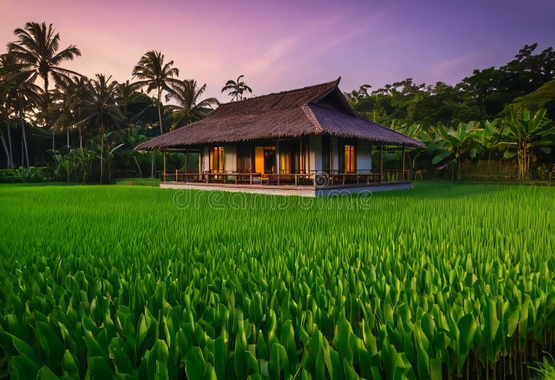 A House Building in the Middle of Rice Fields Stock Illustration ...