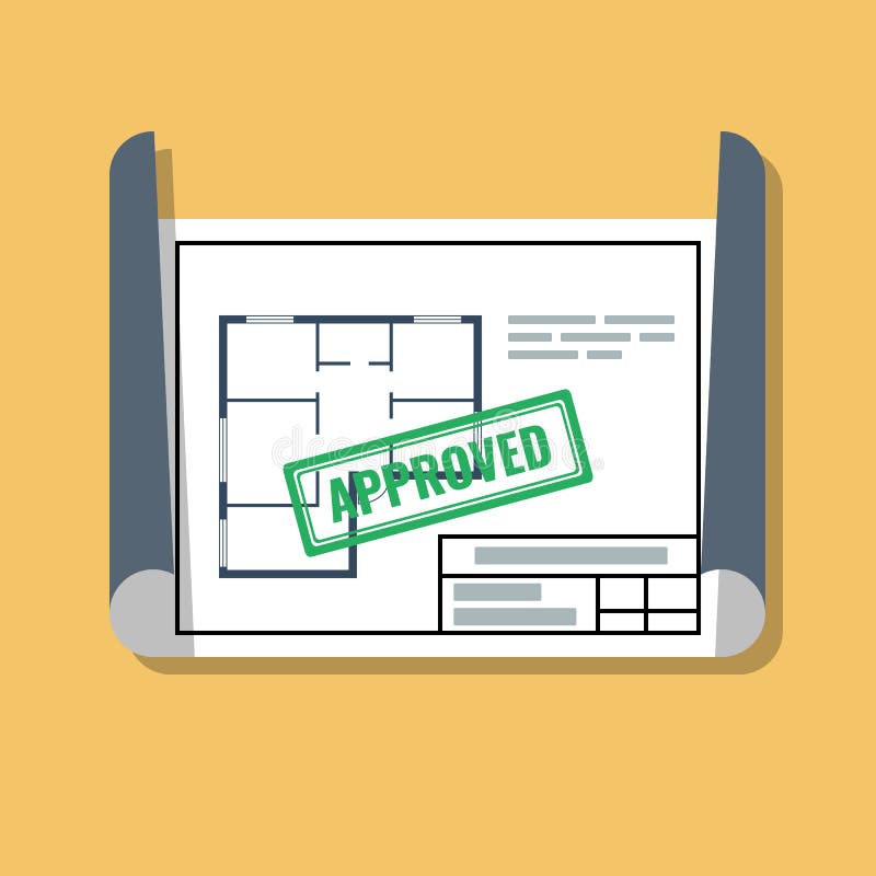 House Building Project with Approval Stamp in Rolled Paper, Flat Vector ...