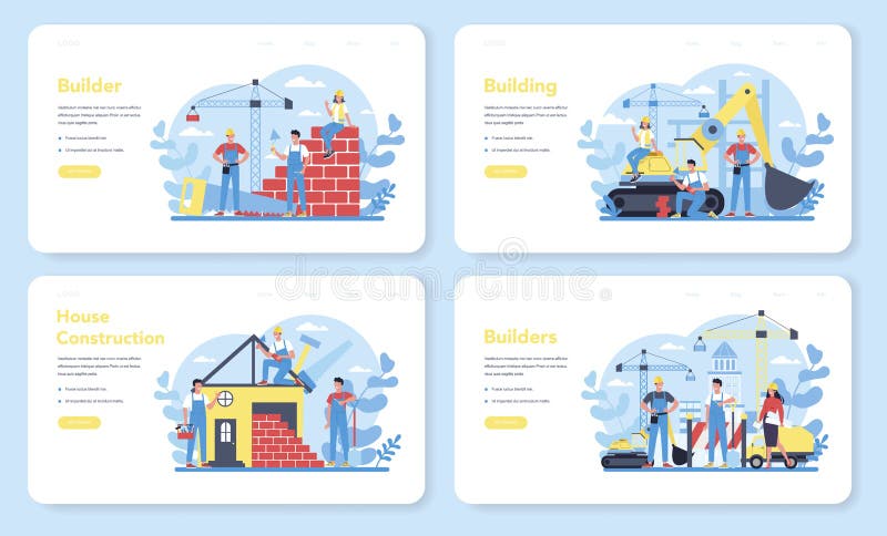 House Building Web Banner or Landing Page Set. Workers Constructing ...