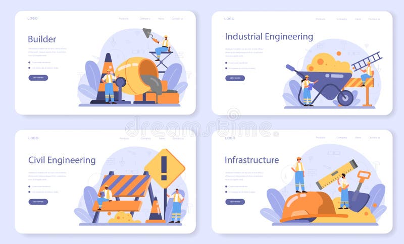 House Building Web Banner or Landing Page Set. Workers Constructing ...