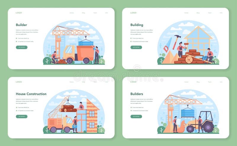 House Building Web Banner or Landing Page Set. Workers Constructing ...