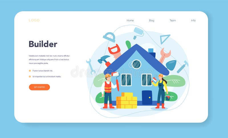House Building Web Banner or Landing Page. Workers Constructing Home ...