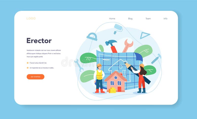 House Building Web Banner or Landing Page. Workers Constructing Home ...