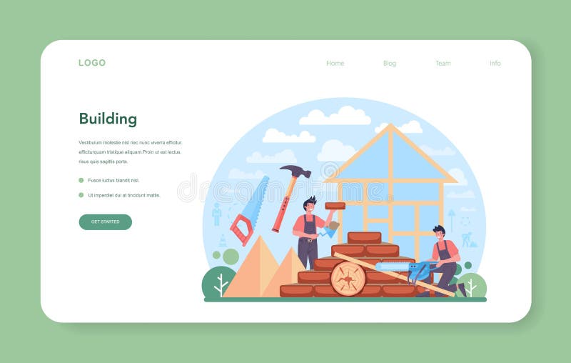 House Building Web Banner or Landing Page. Workers Constructing Home ...