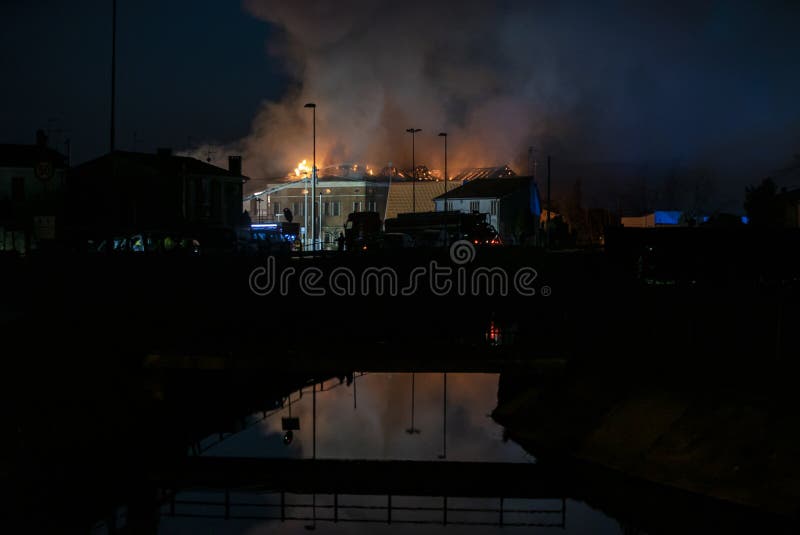 House Burning at Night with Firefighters 7 Stock Photo - Image of ...