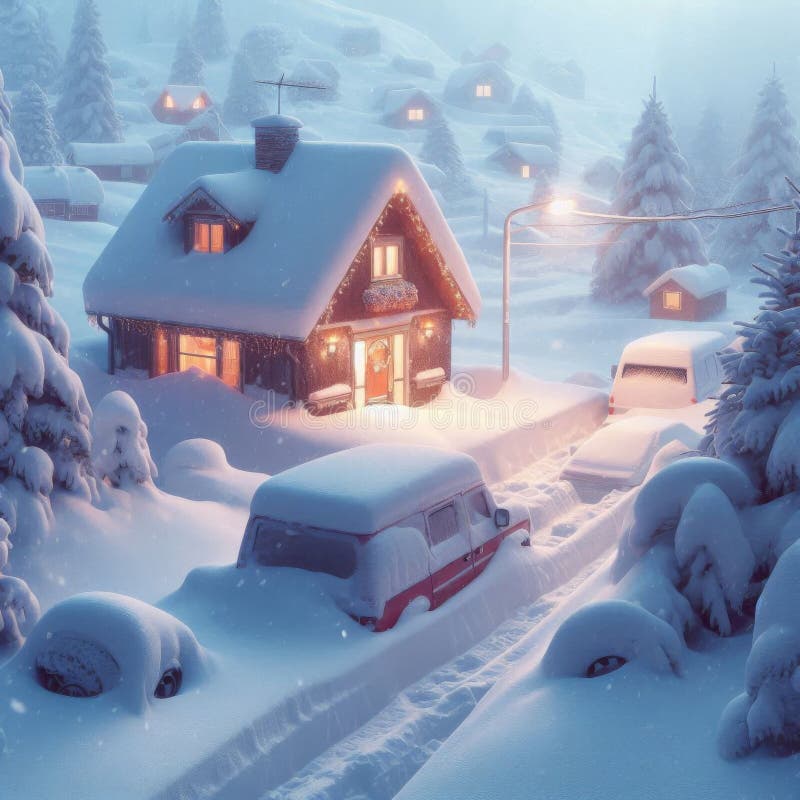 House and Cars Buried Under Deep Snow in Blizzard Stock Illustration ...