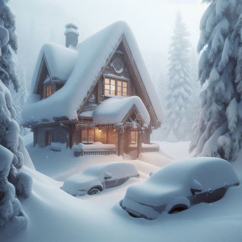 House and Cars Buried Under Deep Snow in Blizzard Stock Illustration ...