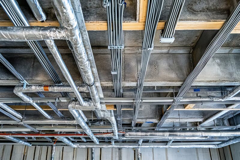 House Ceiling with Electrical Cables on Concrete. Renovation Theme ...