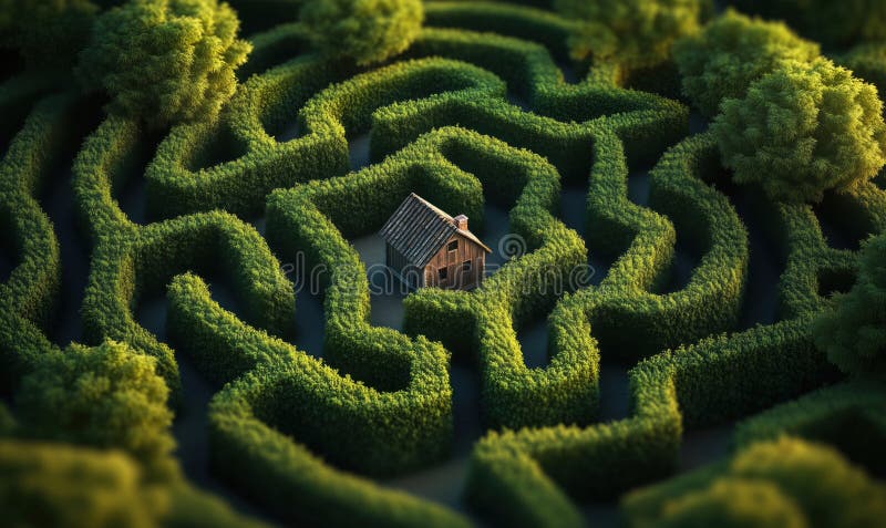 House in the Center of a Complex Green Maze Surrounded by Lush Trees ...
