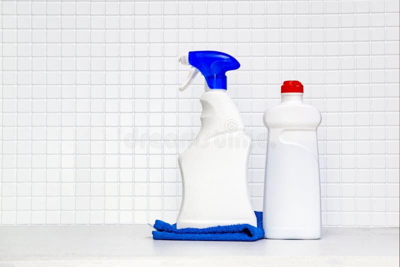 House Cleaning Products on White Table with . Lots of Copy Space Around ...